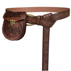 hiifeuer viking fenrir embossed buckle belt with nordic embossed belt bag, vintage faux leather belt and belt pouch set for larp (brown c)