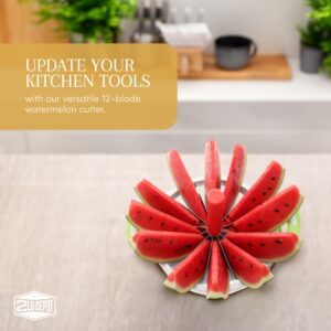 2LB Depot Watermelon Slicer - Versatile Melon Slicer and Fruit Divider with 12-Blade Uniform Slicer - Stainless Steel Blades - Easy-to-Use Handheld Cutting Tool - White & Green - 14.56Wx12.59Hx2.75L