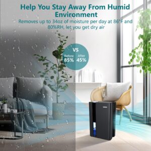 SIMSEN 95oz Dehumidifiers for Home, 800 sq ft Quiet Dehumidifier with Reusable Filter and Ionizer, Small Dehumidifier with Drain Hose, Dehumidifiers for Bedroom Bathroom Basements Closet RV(Black)