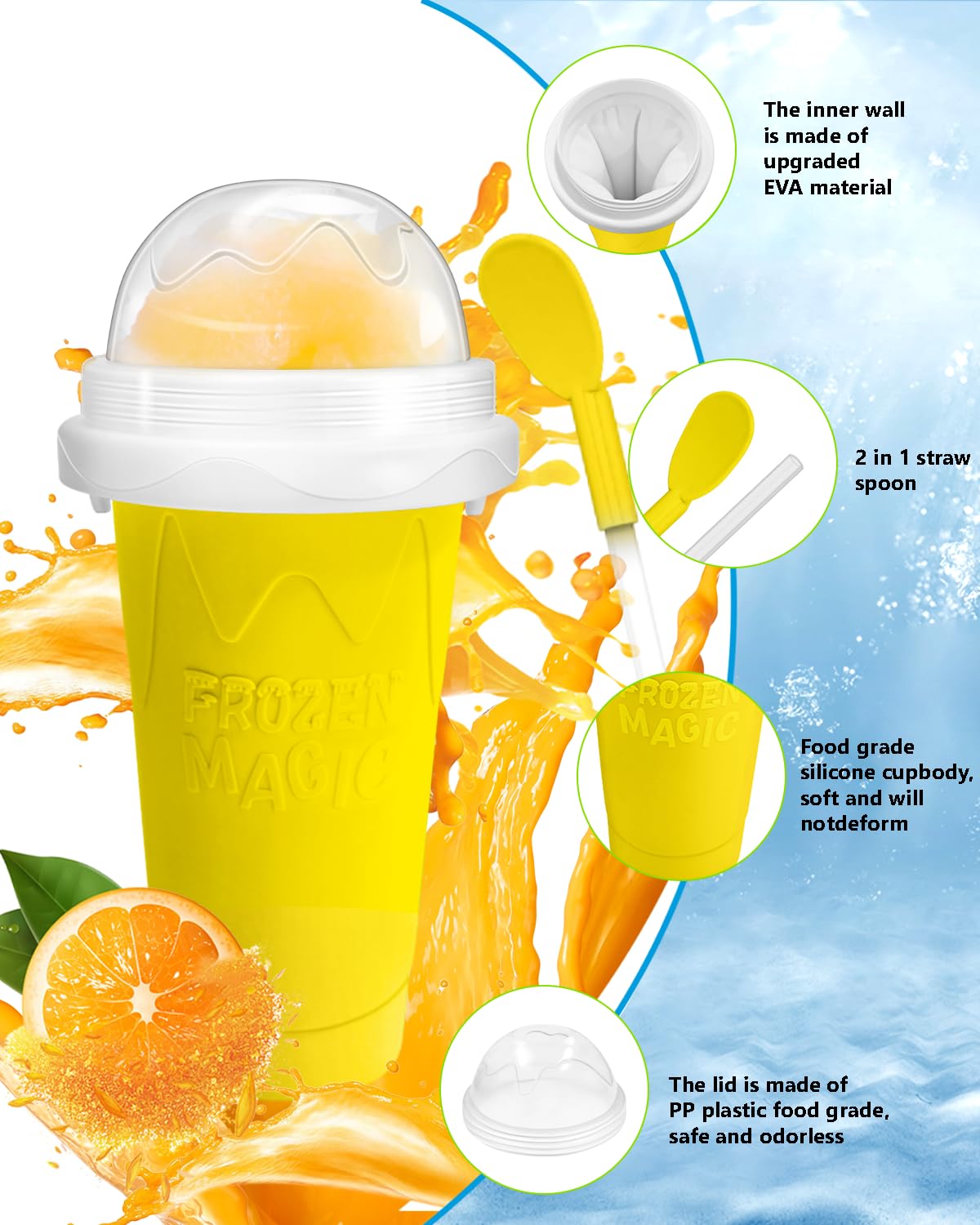 Slushy Maker Cup, DIY Magic Slushy Maker Squeeze Cup, Portable Smoothie Squeeze Cup for Juices, Milk and Ice Cream Make, Double Layers Silica Cup with Lid & Straw for Kids, Friends, Family (Yellow)1