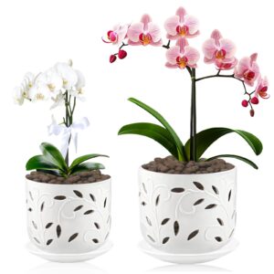 buymax set of 2 orchid pots with holes & saucers for orchid root health, 5 inch&6 inch ceramic pots for plants, effective drainage and ventilation to assist new plants or repotting