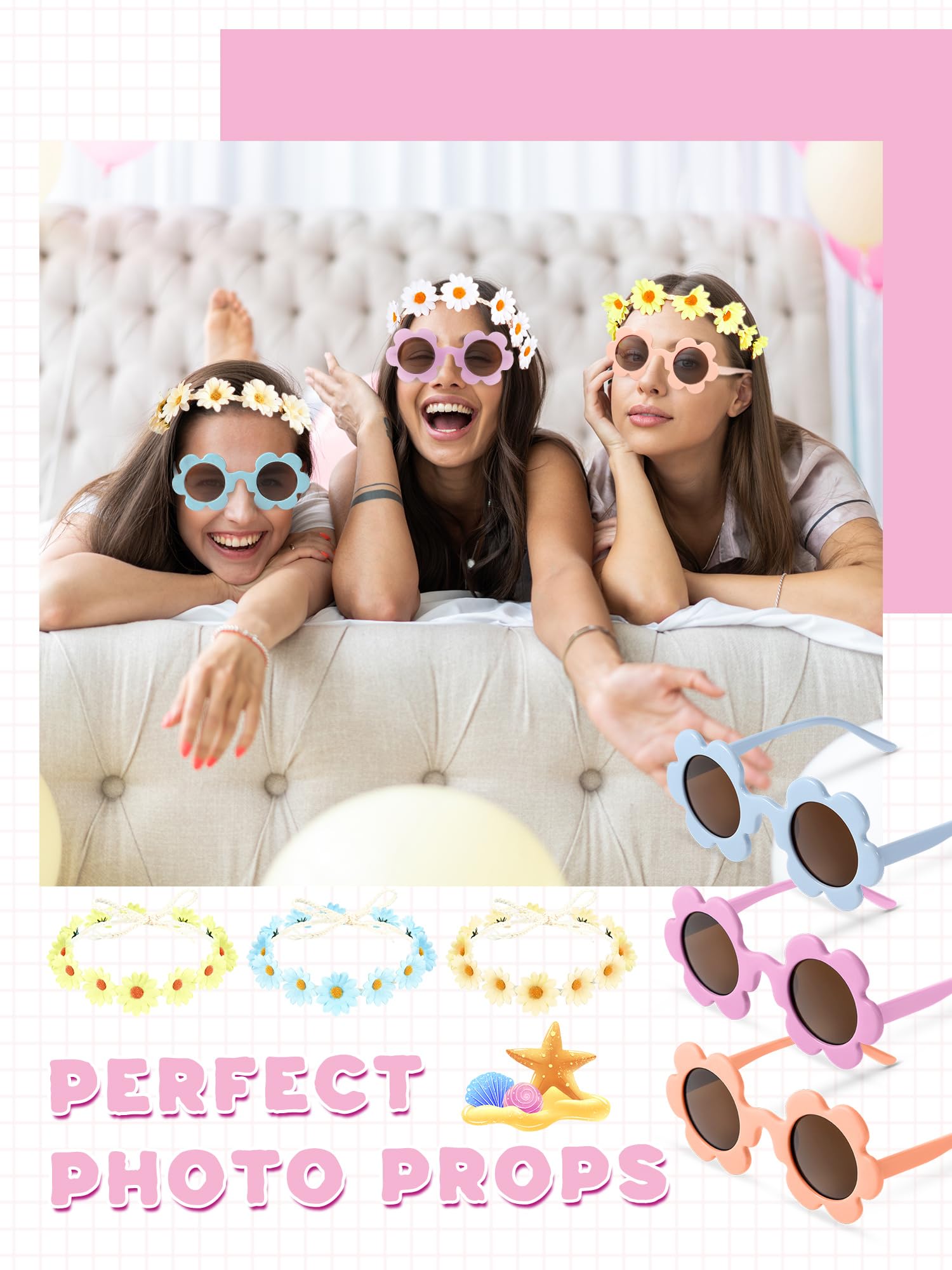 Kanayu 16 Pcs Adults Flower Sunglasses Daisy Flower Headbands Set, Round Flower Glasses Sunflower Hair Wreath Flower Crown (Classic Colors)