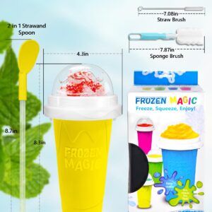 Slushy Maker Cup, DIY Magic Slushy Maker Squeeze Cup, Portable Smoothie Squeeze Cup for Juices, Milk and Ice Cream Make, Double Layers Silica Cup with Lid & Straw for Kids, Friends, Family (Yellow)1