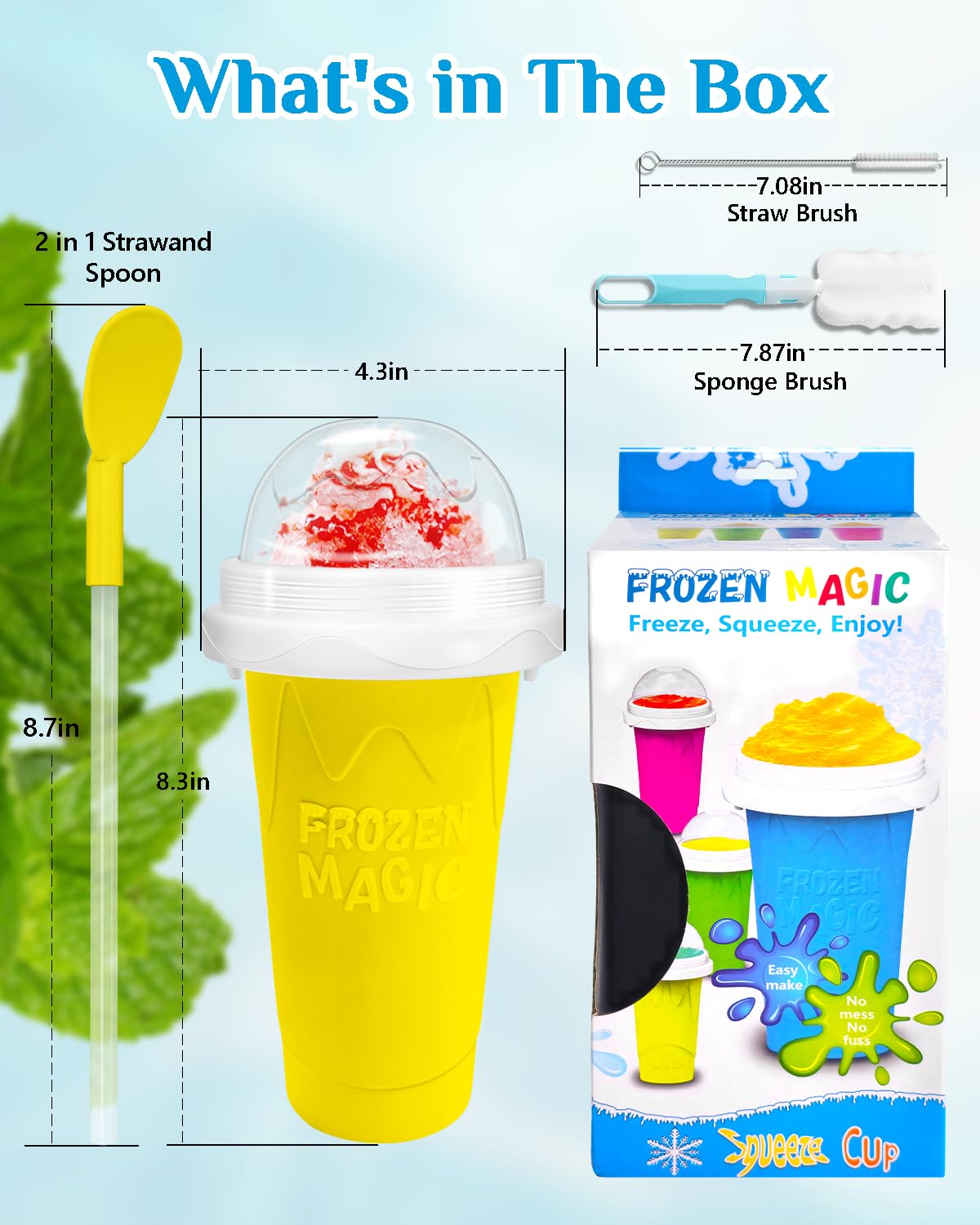 Slushy Maker Cup, DIY Magic Slushy Maker Squeeze Cup, Portable Smoothie Squeeze Cup for Juices, Milk and Ice Cream Make, Double Layers Silica Cup with Lid & Straw for Kids, Friends, Family (Yellow)1