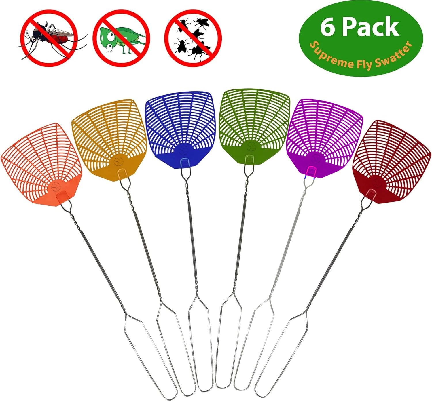 Supreme Bug & Fly Swatter 6-Pack – Braided Metal Handle 6 Pack Fly Swatters, Multi Pack Colors, – for Indoor/Outdoor – Flyswatter