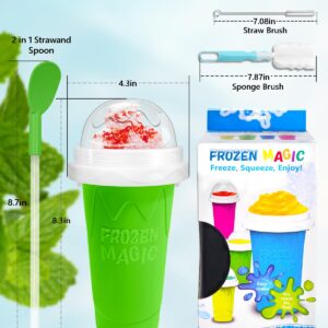 Slushy Maker Cup, DIY Magic Slushy Maker Squeeze Cup, Portable Smoothie Squeeze Cup for Juices, Milk and Ice Cream Make, Double Layers Silica Cup with Lid & Straw for Kids, Friends, Family (Green)1