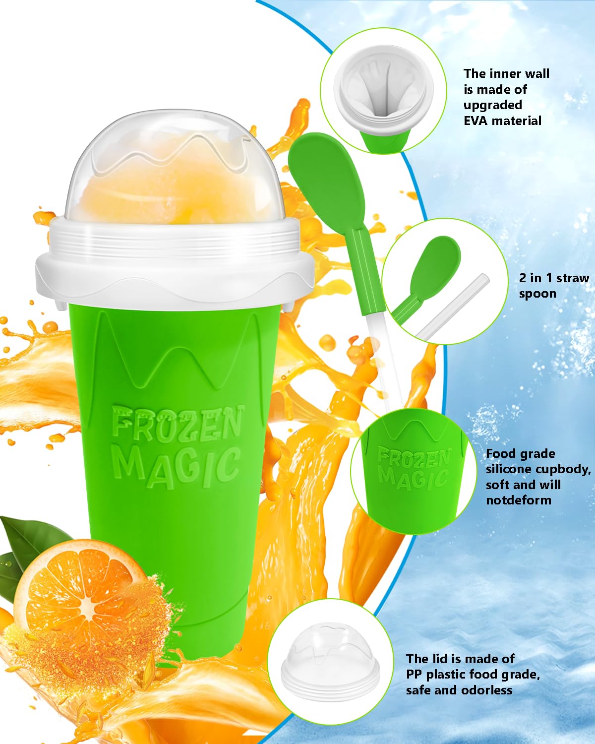 Slushy Maker Cup, DIY Magic Slushy Maker Squeeze Cup, Portable Smoothie Squeeze Cup for Juices, Milk and Ice Cream Make, Double Layers Silica Cup with Lid & Straw for Kids, Friends, Family (Green)1