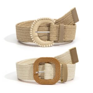 yooai straw woven belts for women dresses boho braided stretchy waist belt for summer dress pants 2 pack m