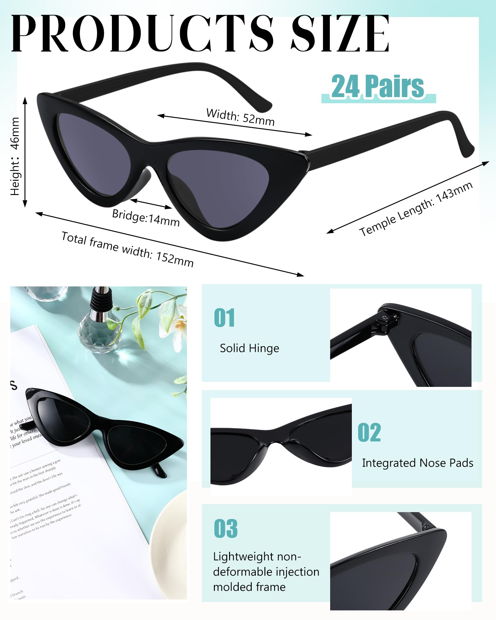 Kanayu 24 Pairs Retro Cat Eye Sunglasses for Women Vintage Sunglasses Trendy Goggles Plastic Frame Sunglasses for Party (Black)