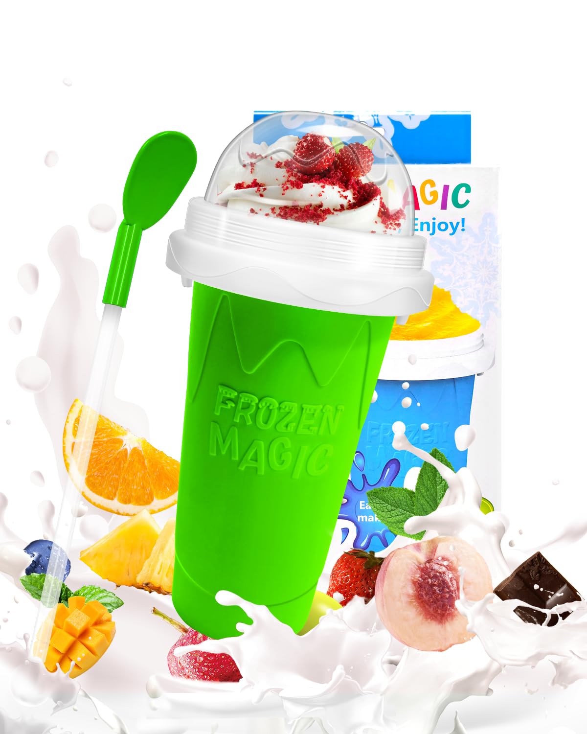 Slushy Maker Cup, DIY Magic Slushy Maker Squeeze Cup, Portable Smoothie Squeeze Cup for Juices, Milk and Ice Cream Make, Double Layers Silica Cup with Lid & Straw for Kids, Friends, Family (Green)1