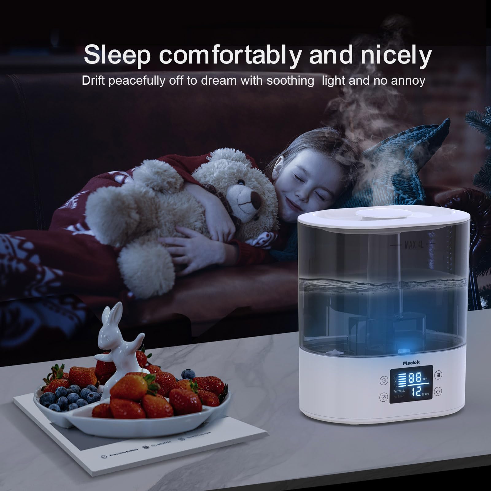 Humidifiers for Bedroom and Home & Baby - 4L Cool Mist Air Humidifiers for Plants, 26db Quiet Top Fill Air Humidifier Lasts Up to 40 Hours, Auto Shut-Off, Super Easy to Fill and Clean