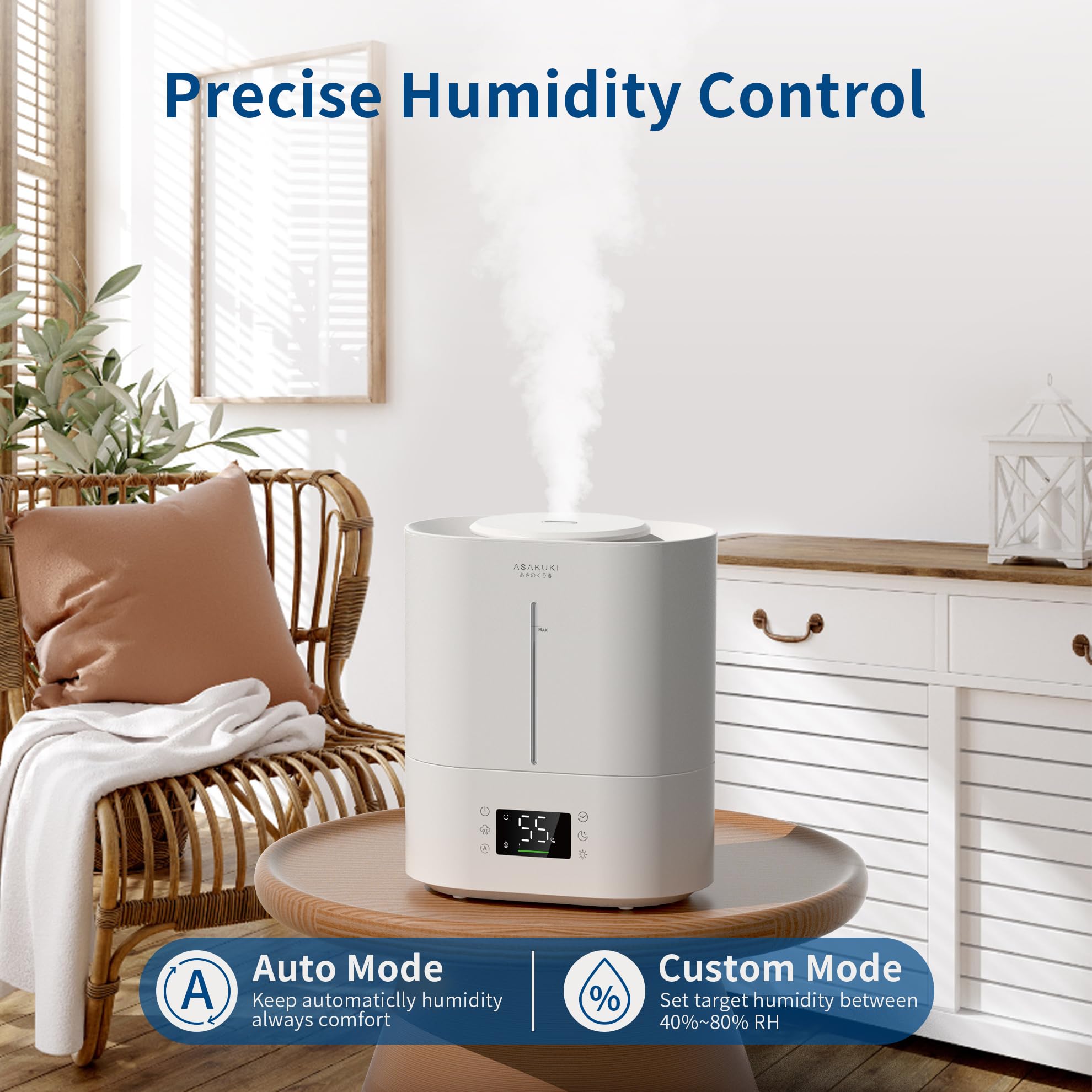 ASAKUKI Humidifiers for Bedroom Home, 4L Top Fill Ultrasonic Cool Mist Humidifiers for Baby Nursery & Plants Indoor, Adjustable Humidity Control, Auto Mode, Quiet Sleep Mode, Humidifier Tank Cleaner