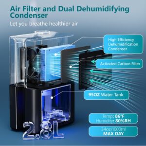 SIMSEN 95oz Dehumidifiers for Home, 800 sq ft Quiet Dehumidifier with Reusable Filter and Ionizer, Small Dehumidifier with Drain Hose, Dehumidifiers for Bedroom Bathroom Basements Closet RV(Black)