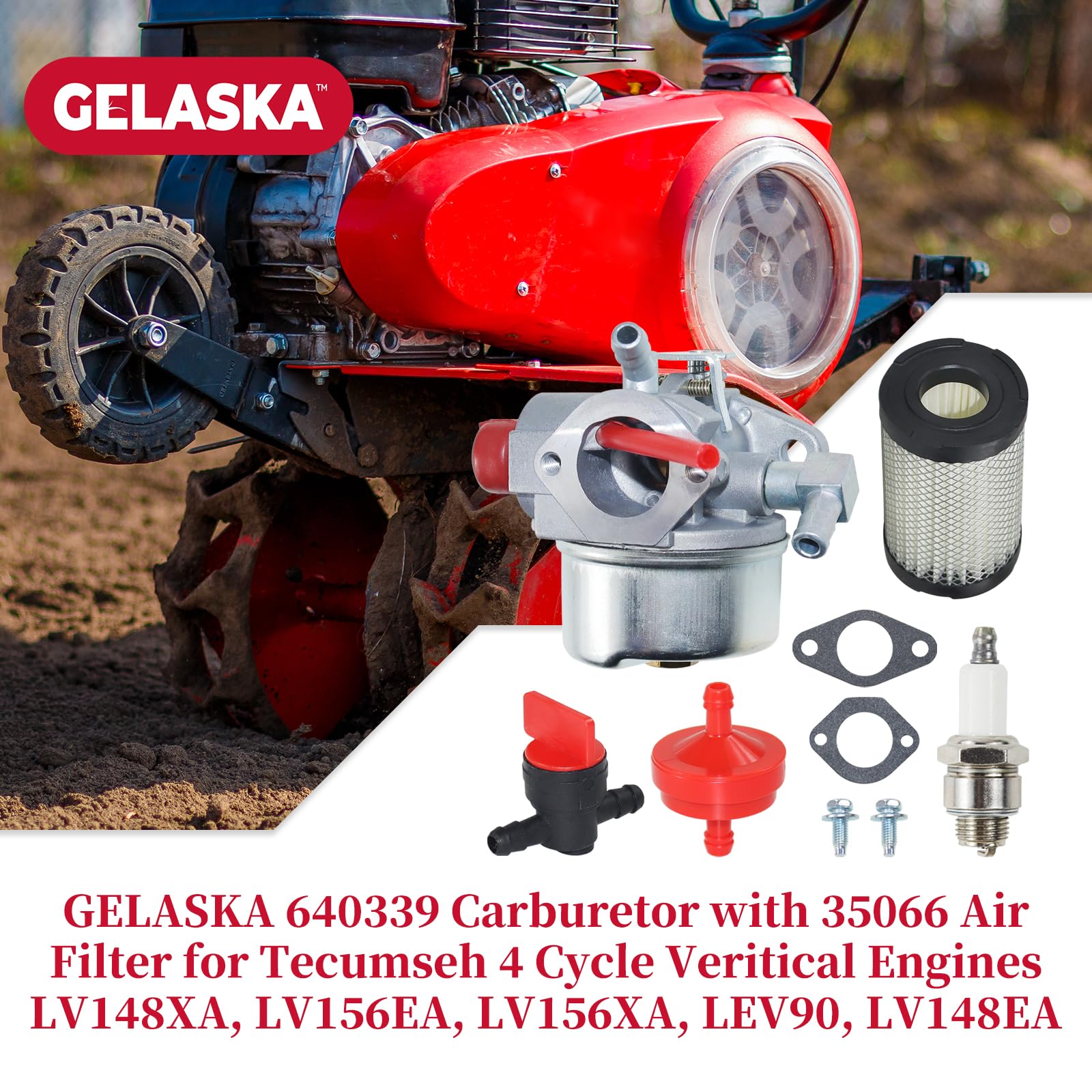 GELASKA 640339 Carburetor with 35066 Air Cleaner Elements for Tecumseh LEV90, TEC-640339, LV148XA, LV148EA, LV156XA, LV156EA 4 Cycle Vertical Engines