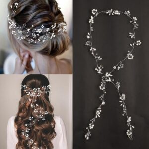 gimsan silver hair vine bridal headband with long pearl and crystal beads for women and girls - hair jewelry wedding hair accessories for brides bridesmaids head piece