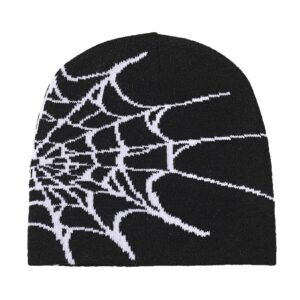 y2k beanie women beanies spider beanie winter warm knit hat gothic beanies outdoor black beanie spider web for men teenagers (black & white)