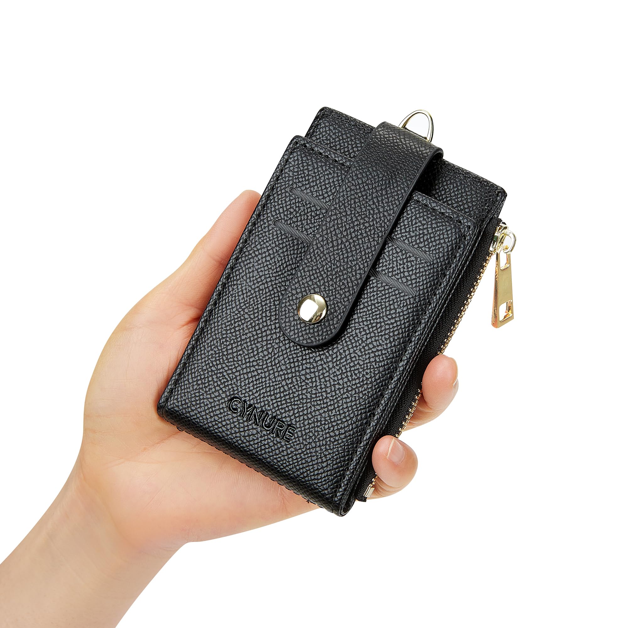 Cynure Women & Men Leather RFID Blocking Card Holder Slim Small Zipper Keychain Front Pocket Wallet with 2 ID Window, black