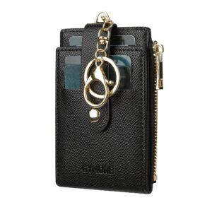 Cynure Women & Men Leather RFID Blocking Card Holder Slim Small Zipper Keychain Front Pocket Wallet with 2 ID Window, black