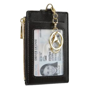 cynure women & men leather rfid blocking card holder slim small zipper keychain front pocket wallet with 2 id window, black