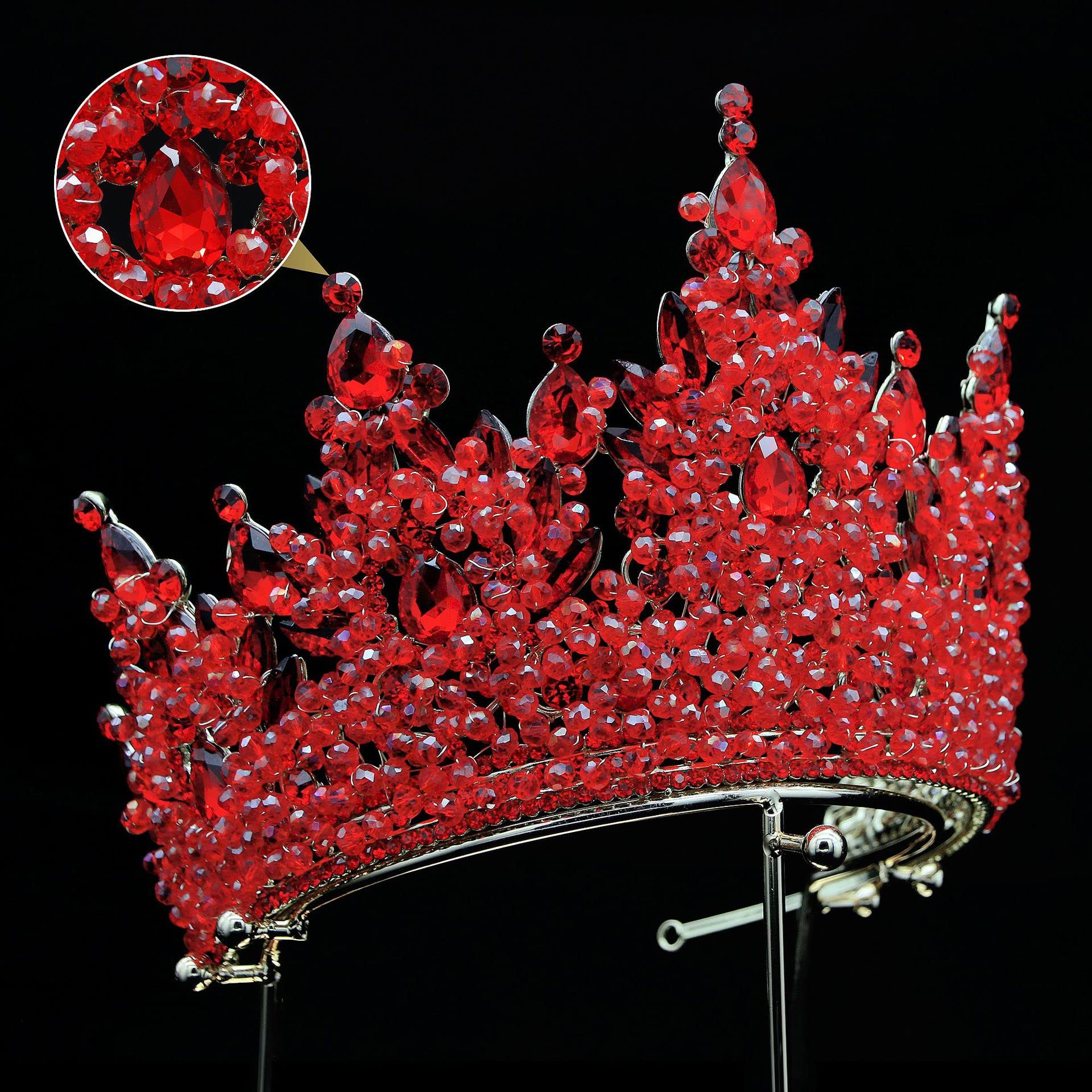 Red Crowns for Women Large Crystal Tiaras Tall Pageant Crowns Rhinestone Royal Queen Headband Princess Quince Headpieces for Wedding Birthday Prom Costume Cosplay Celebration