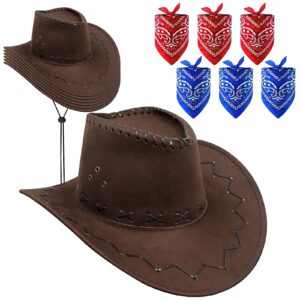 komphy 12 pack cowboy hat bulk, brown wide brim western cowboy hat, faux suede cowboy hats party hats with bandana and adjustable drawstring for men women costume party