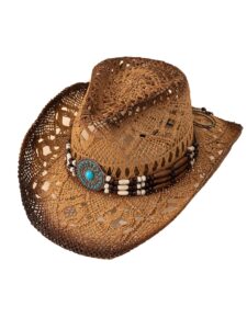 qwinee ombre bead decor hollow out cowboy hat straw cowboy cowgirl hats summer beach sun hat for women men khaki one-size