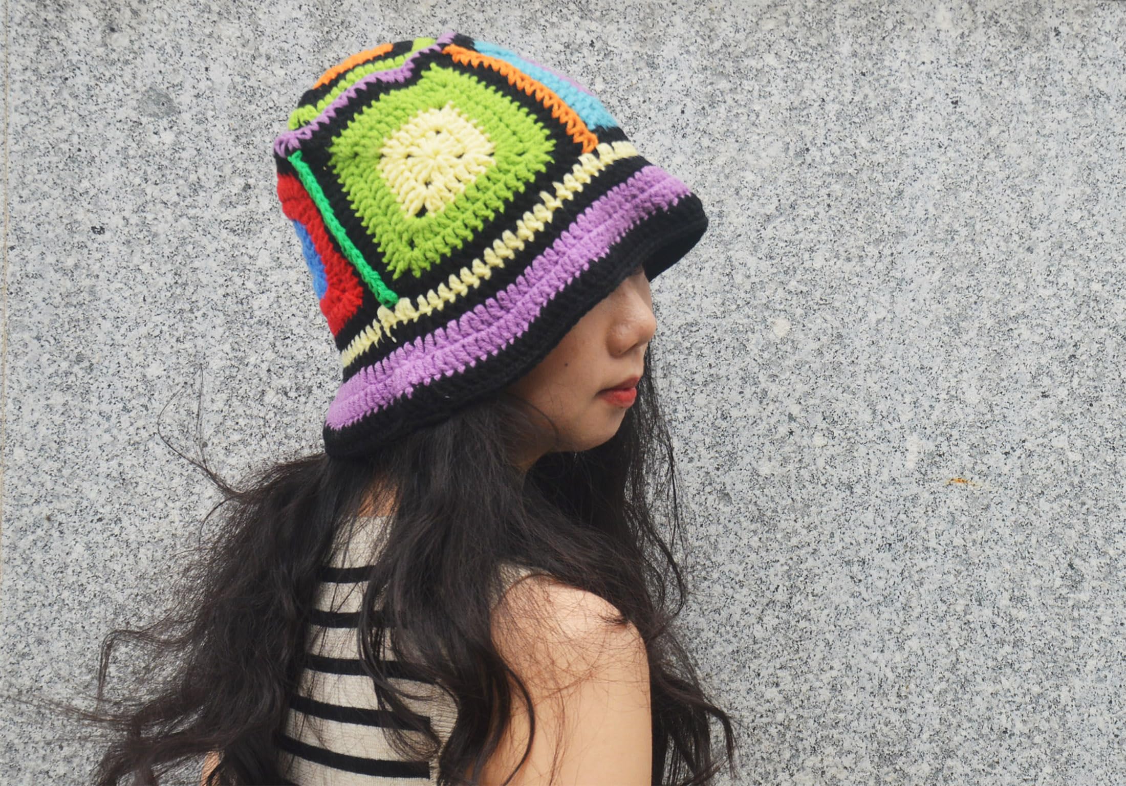 Women-Crochet-Hat-Knitted Floral Bucket-Hat-Handmade Plaid Fisherman-Hat-for-Women Fall-Spring-Winter-Summer Blue