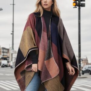 PAMEILA Women's Travel Plaid Shawl Wraps Open Front Poncho Cape Warm Oversized Sweaters Casual Cardigan Shawls for Fall Winter,Series 01-Khaki