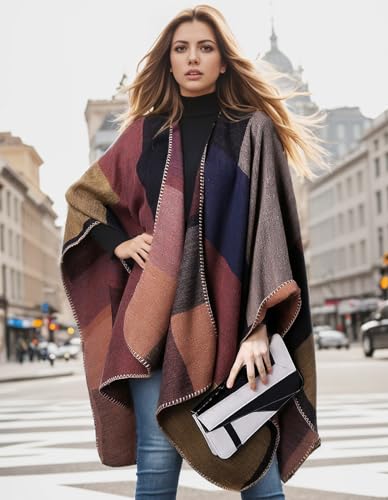 PAMEILA Women's Travel Plaid Shawl Wraps Open Front Poncho Cape Warm Oversized Sweaters Casual Cardigan Shawls for Fall Winter,Series 01-Khaki