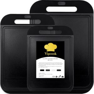 vipcook cutting boards for kitchen 3pcs set larger chopping board thick cutting board dishwasher safe with easy grip handle juice grooves bpa free non-slip (black)