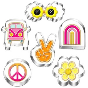 lubtosmn large groovy cookie cutter set-6 piece-vw van, peace hand, daisy, floral sunnies, rainbow and circle-diswasher safe-cookie cutters shapes for two groovy one birthday party decoratons