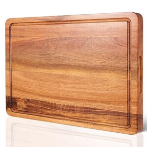 cocoboss acacia wood cutting board for kitchen wood chopping board - with juice slot and convenient handles (medium 15"l x 10"w x 1"th)