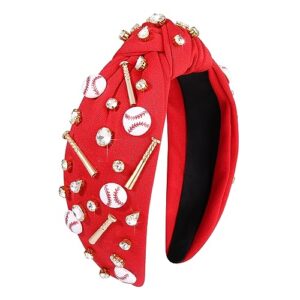 women's sport headband with baseball charms, crystal jeweled embellished wide top knot headpiece, game day accessory and funny gift for ladies girl fans (red)