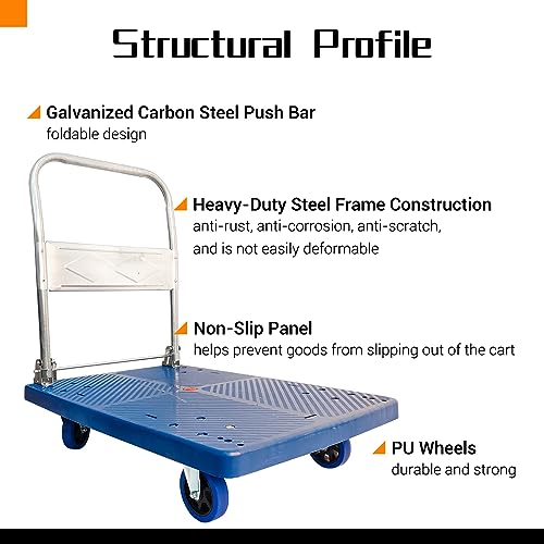 VAIDPRO Push Cart Dolly 660LBS, Moving Flatbed Cart Folding Platform Truck Swivel Push Heavy Duty Hand Flat Cart for Loading, Groceries, Garage, Warehouse