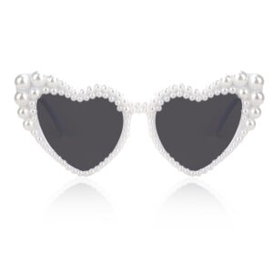 hanj love heart pearl sunglasses for women rhinestone glasses bachelorette party bride sunglasses (white)