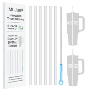 mt.jun 6-pack replacement straws for stanley 30/40 oz tumbler, premium tritan material, bpa free & food grade, includes a cleaning brush [safeguarded by protective film for hygiene, remove before use]