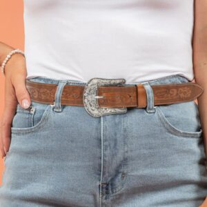 Western-Leather-Belts for Women Turquoise-Oval-Buckle Embossed Cowgirl Belt for Jeans Pants (Fit for 31-37" Waist)