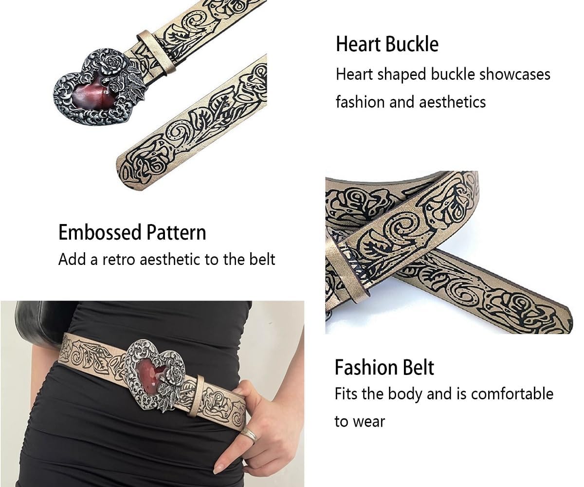 Rsleepd Retro Pattern Heart Belt, Fashion Printing Belt with Heart Buckle Adjustable Punk Belt for Women