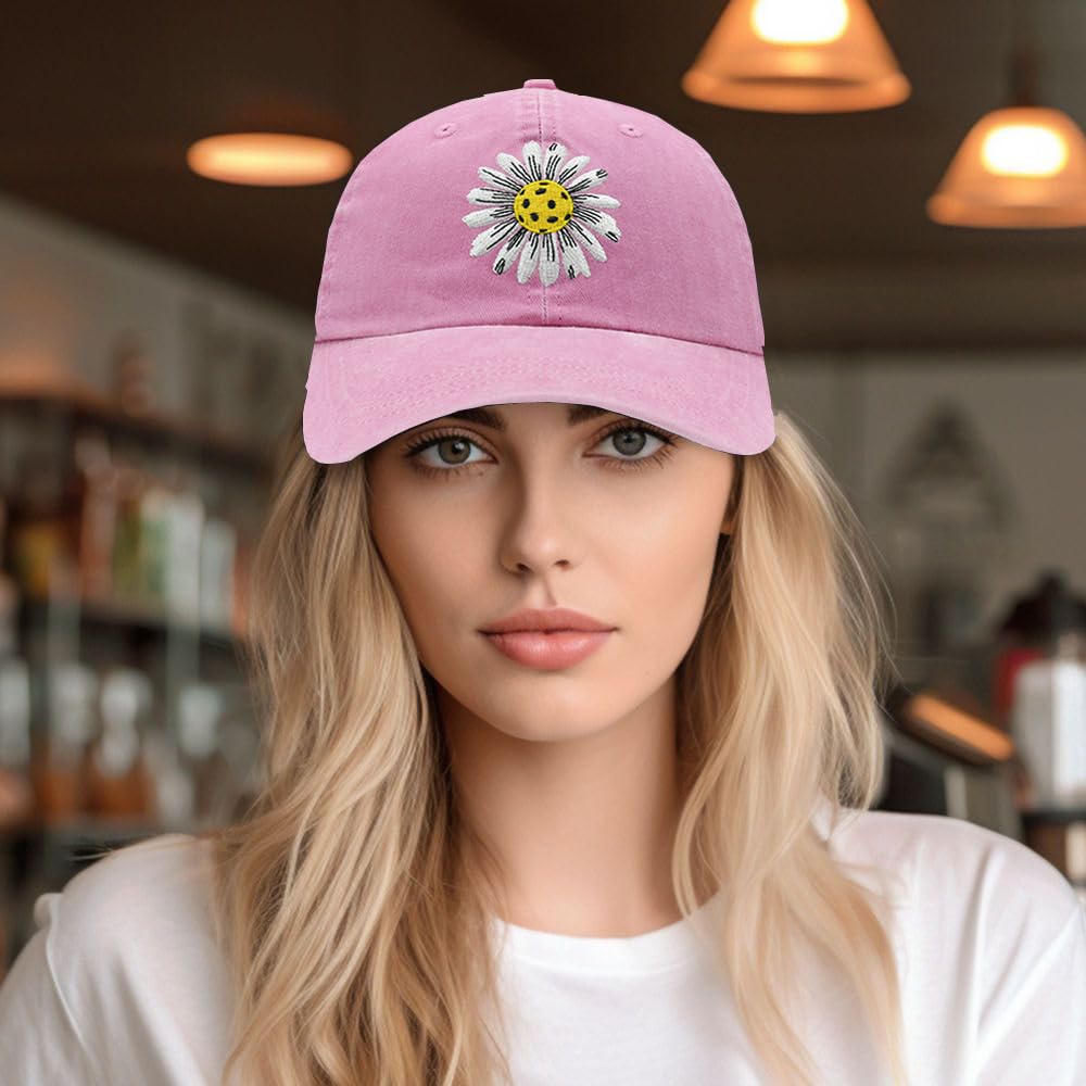 Waldeal Pickleball Hat for Women, Ajustable Embroidered Daisy Washed Denim Baseball Cap, Pink