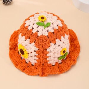 Verdusa Women's Floral Applique Crochet Bucket Hats Knit Caps Orange one-Size