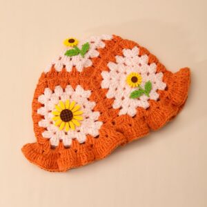 Verdusa Women's Floral Applique Crochet Bucket Hats Knit Caps Orange one-Size