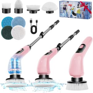 Fader Electric Spin Scrubber, New Cordless Shower Scrubber with 8 Replaceable Brush Heads and Adjustable Extension Handle, Power Cleaning Brush for Bathroom, Kitchen, Car, Tile, Wall, Floor-Pink