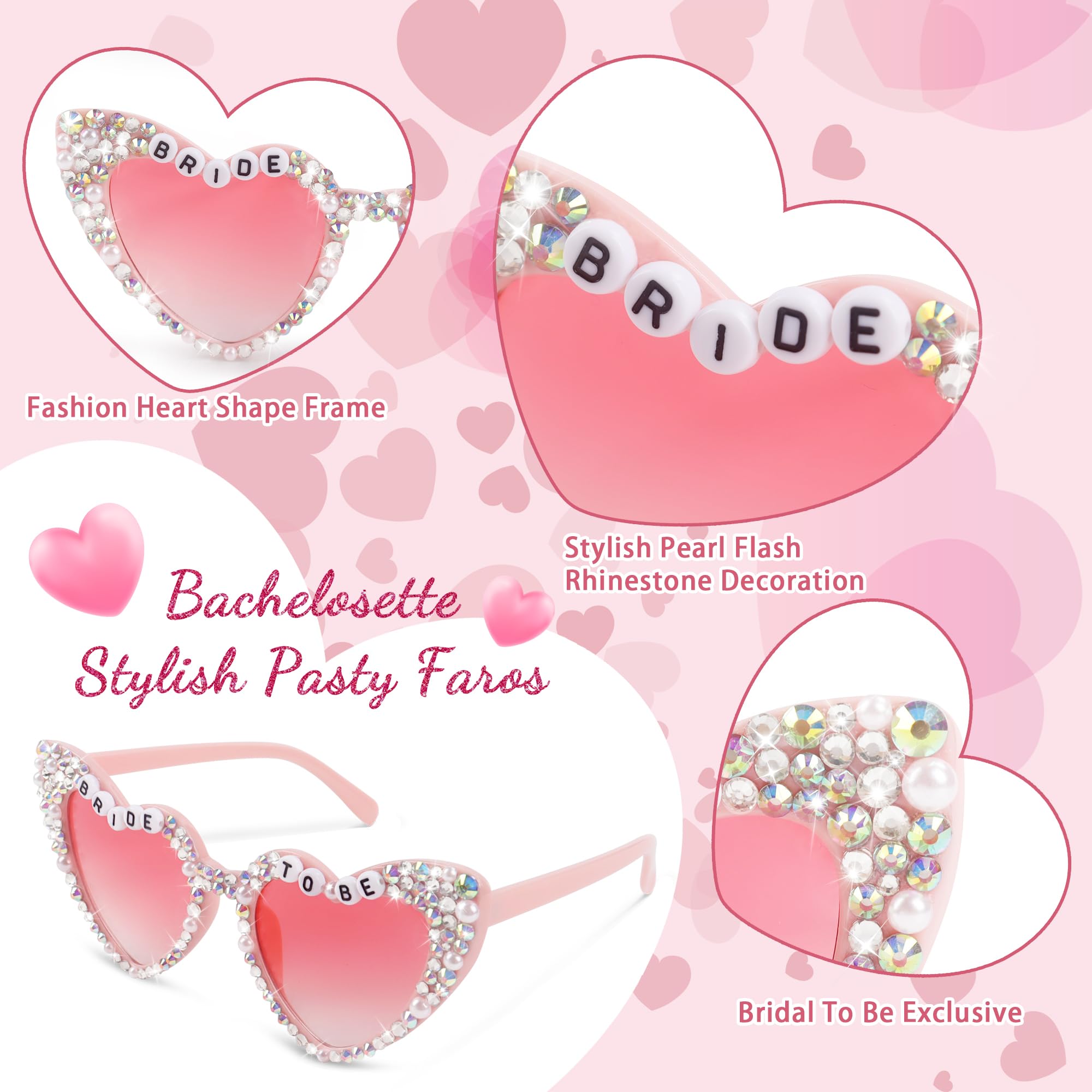 JUSTOTRY Bride Sunglasses For Bachelorette - Pink Bride To Be Sunglasses with Rhinestone For Bachelorette Party Gifts Accessories Party Favors (Heart Shape)