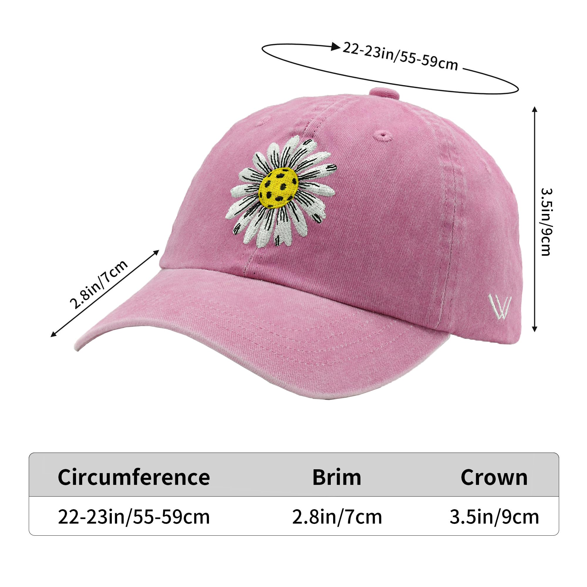 Waldeal Pickleball Hat for Women, Ajustable Embroidered Daisy Washed Denim Baseball Cap, Pink