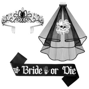 crowye 3 pcs black bride veil bride or die sash bachelorette party decorations crystal bride tiara bride crown skull wedding veil with comb wedding day accessories bridal shower decoration