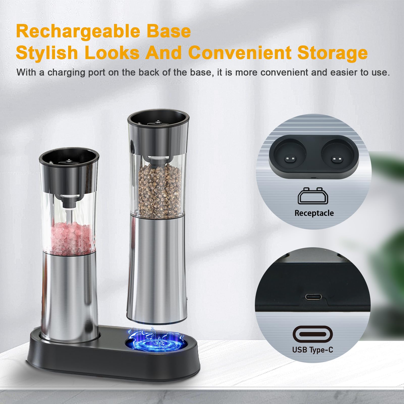 Electric Salt and Pepper Grinder Set — Gravity Rechargeable Salt Pepper Grinder with Charging Base and LED Light, Adjustable Coarseness, Large Capacity, One-handed Operation Salt Pepper Mills