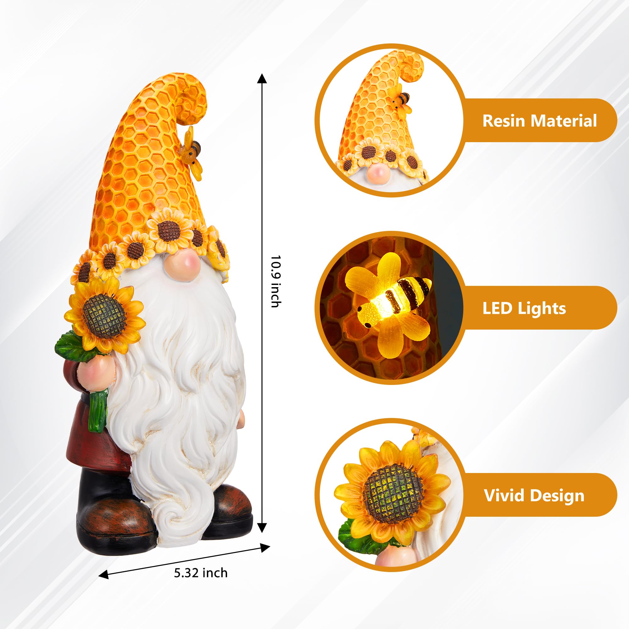 Olekki Garden Gnomes Outdoor - Sunflower Gnome Statue with Solar LED Lights for Yard, Patio, Lawn Ornaments - Best Garden Gifts for Mothers Day, Housewarming, Festival