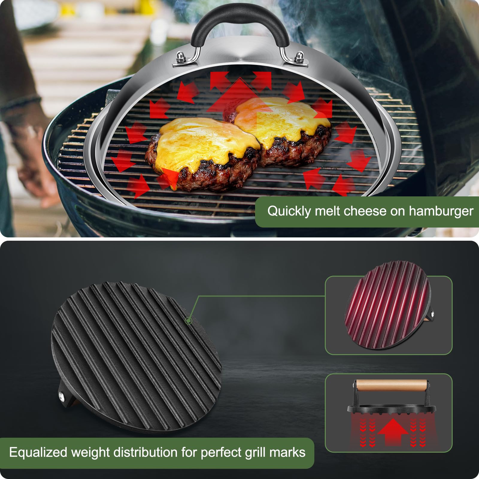 Griddle Accessories for Blackstone, Commercial Grade 12 Inch Heavy Duty Round Melting Dome with 7" Round Cast Iron Grill Burger Bacon Press, Perfect for Blackstone Camp Chef Flat Top Griddle Grill