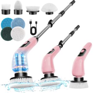 fader electric spin scrubber, new cordless shower scrubber with 8 replaceable brush heads and adjustable extension handle, power cleaning brush for bathroom, kitchen, car, tile, wall, floor-pink