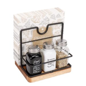 livabber napkin holder, metal napkin holder with salt and pepper shakers caddy modern napkin dispenser for table kitchen countertop, not including salt and pepper shakers (middle wooden, black)